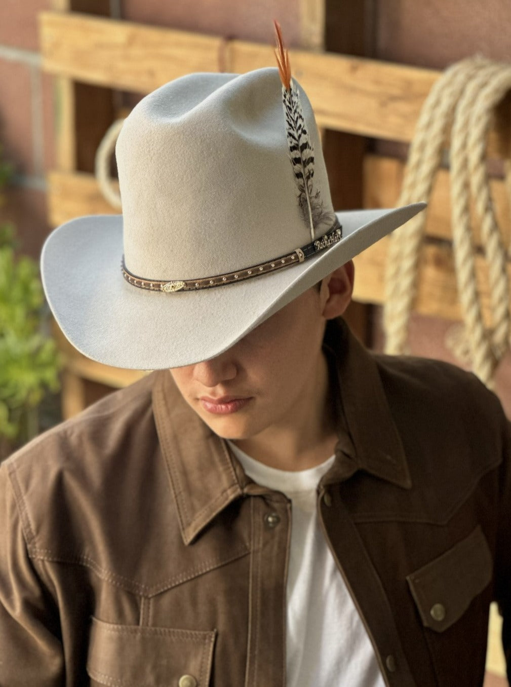 Texana 20X El Viejon Gris con Pluma Larga Rocha Hats - Texanas Sombreros